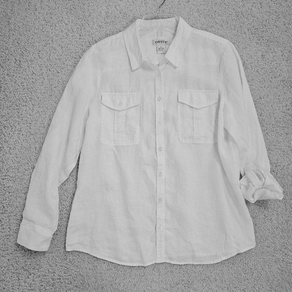 Orvis | Tops | Orvis Linen Shirt Womens 2 White Button Down Roll Tab ...